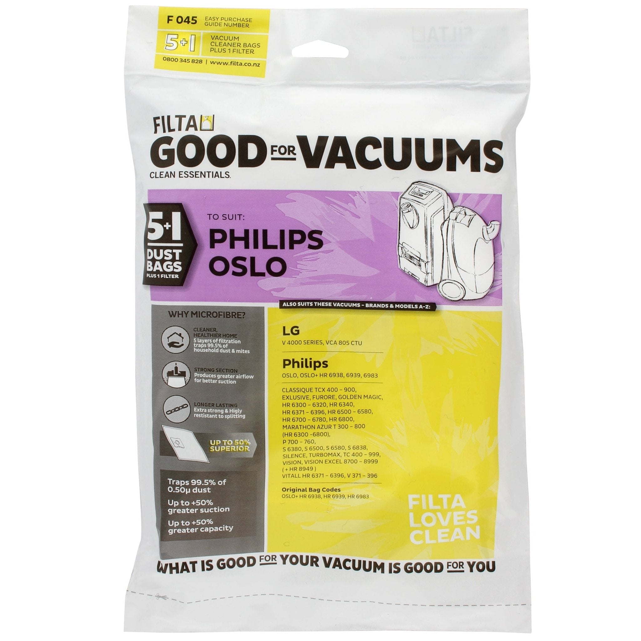 FILTA PHILIPS OSLO SMS MULTI LAYERED VACUUM CLEANER BAGS 5 PACK (F045 ...