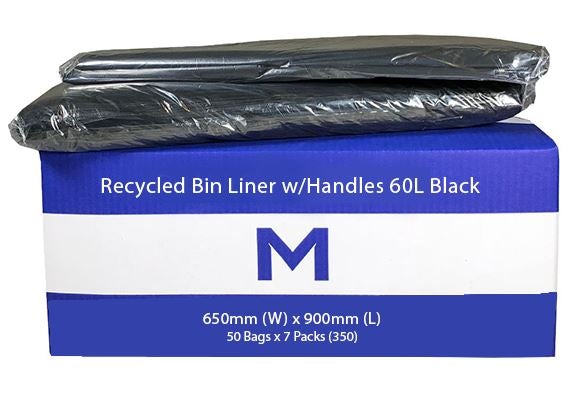 FP Recycled Bin Liner w/Handles 60L - Black, 650mm x 900mm x 30mu (350 ...